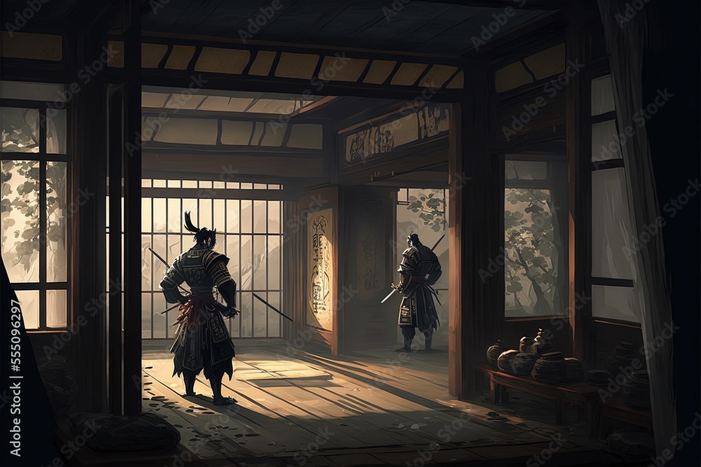 Two samurai standing inside an ancient asian dojo. Large open space for ...