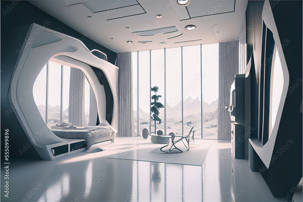 modern futuristic white living room with big windows, view to an ...