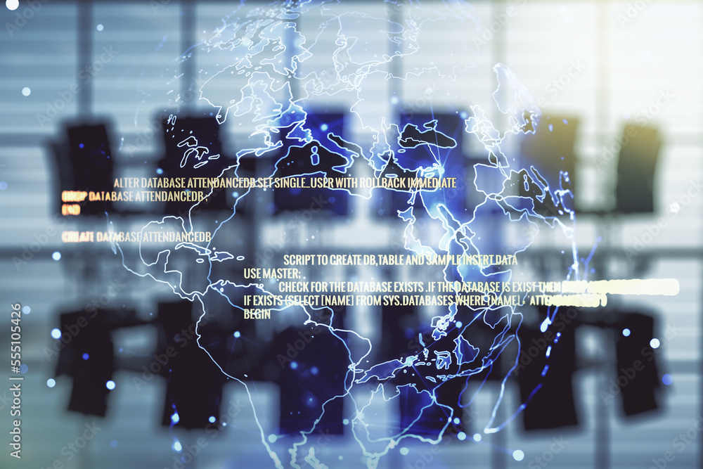 Abstract virtual coding illustration and world map on a modern ...