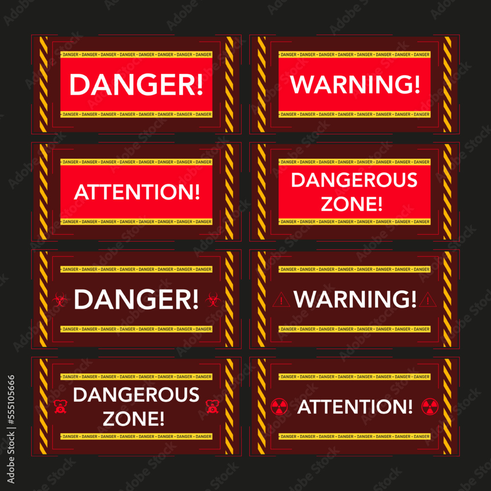 Red warning windows about radiation hazard. High voltage and nuclear ...