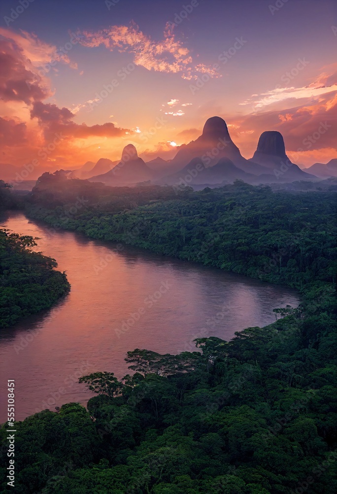 sunset rainforest panorama, jungle river with tropical vegetation, exotic fantasy landscape ...