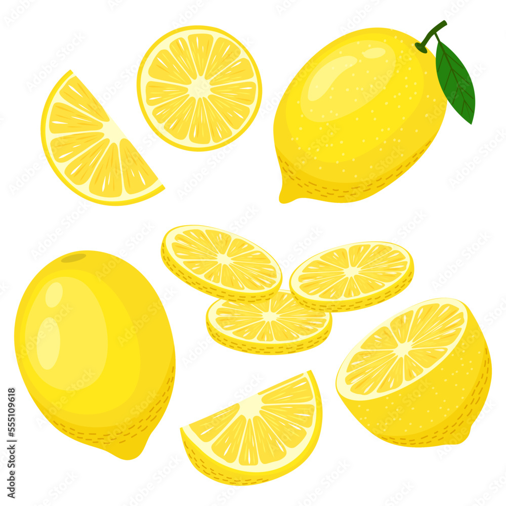 Vector illustration of a set of ripe fresh lemons, fruit halves, pieces ...