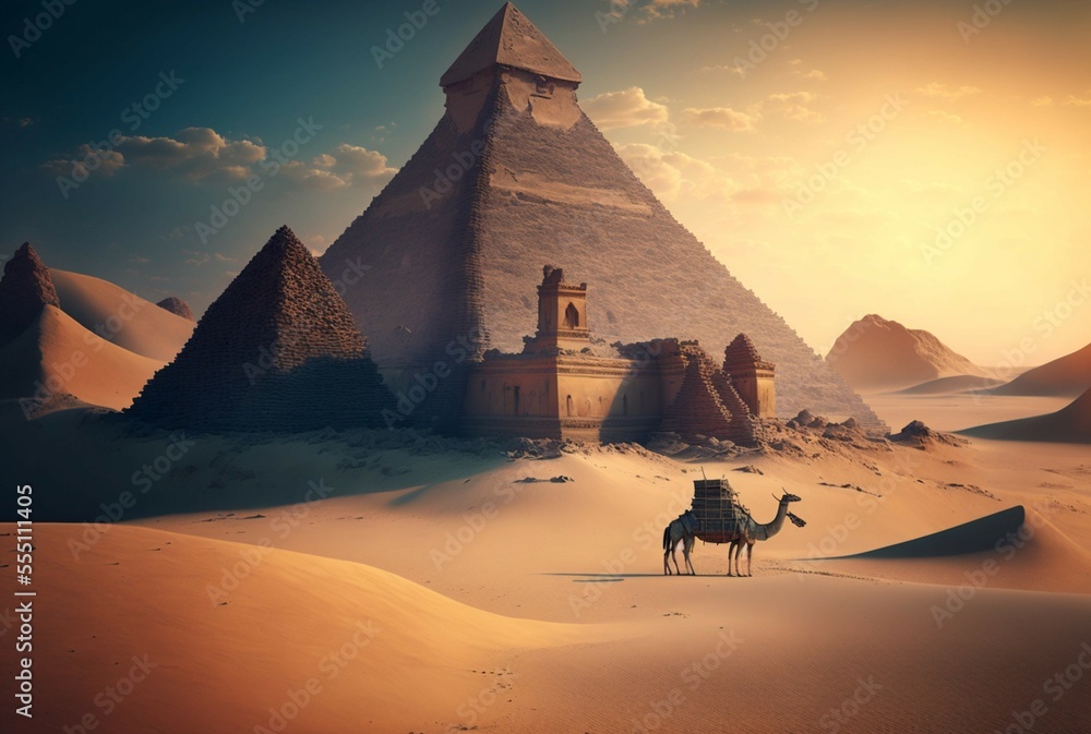 3D illustration image of pyramids and Egyptian architecture, uniquely ...