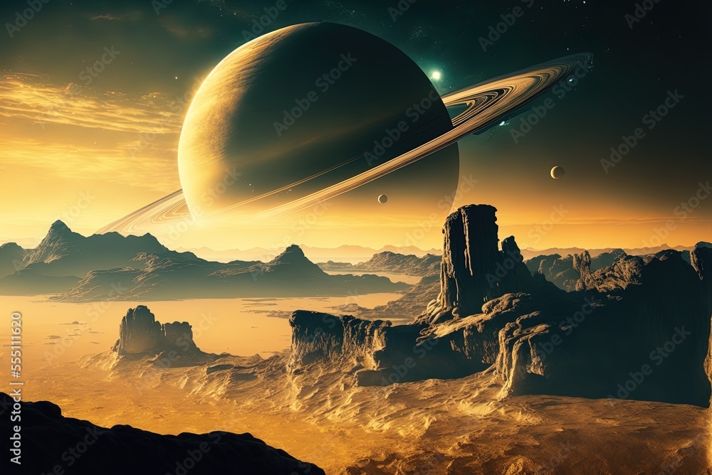 View of Saturn from Titan. environment of a planet where people can ...