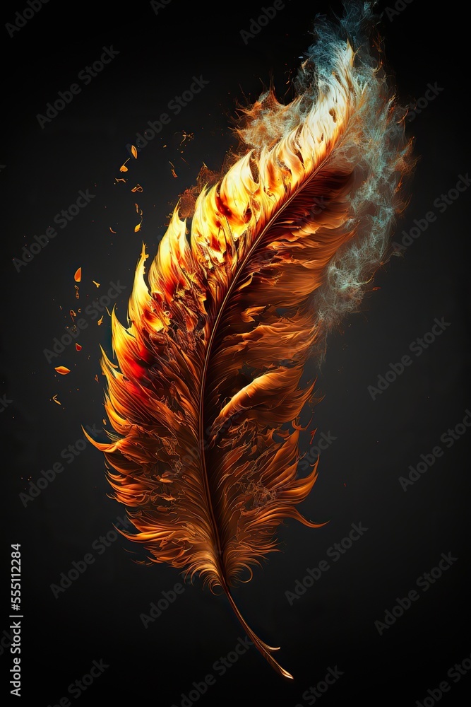Burning phoenix feather on black background. Generative ai. Stock ...