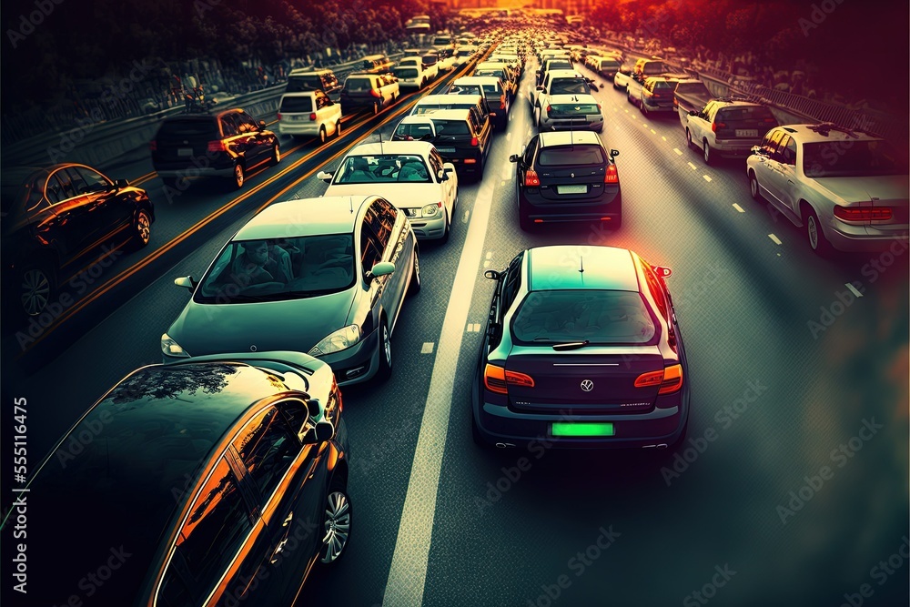 Cars on road highway in traffic jam, AI art Stock Illustration | Adobe ...