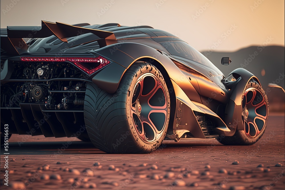 rear view of a generic and brandless modern car on a black background ...