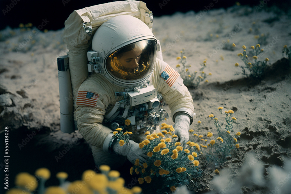 Alien landscape with American astronaut growing flowers in the garden ...