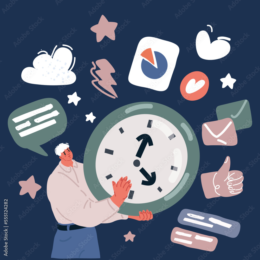 Cartoon vector illustration of man of the clock trying to stop the time ...