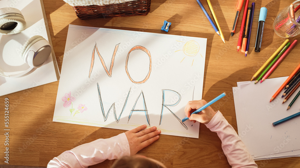 Top View: Little Girl Drawing NO WAR! in Protest against Evil, Greedy ...