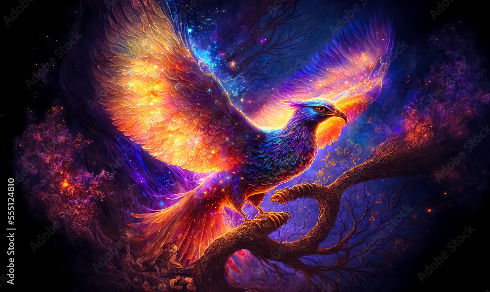 Fantasy background with enchanted Phoenix bird. fantastic magical ...