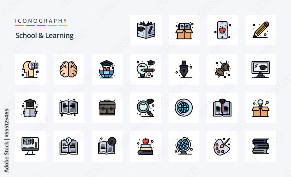25 School And Learning Line Filled Style icon pack. Vector iconography ...