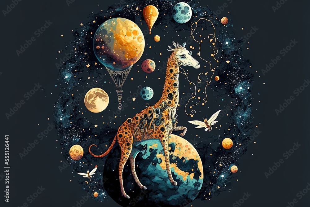 The giraffe looks adorable floating in space. spacecraft, planetary ...