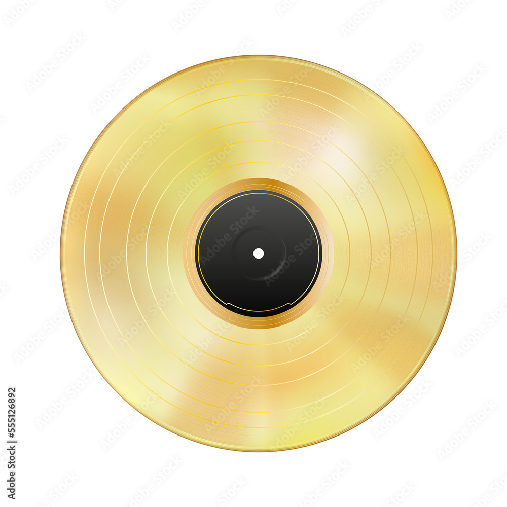 Realistic gold vinyl record isolated. Gramophone LP, blank black label ...