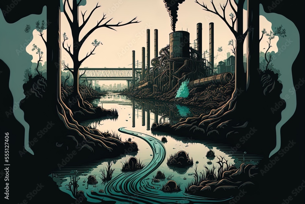 The artwork depicts a natural scene of water pollution, with pipelines ...
