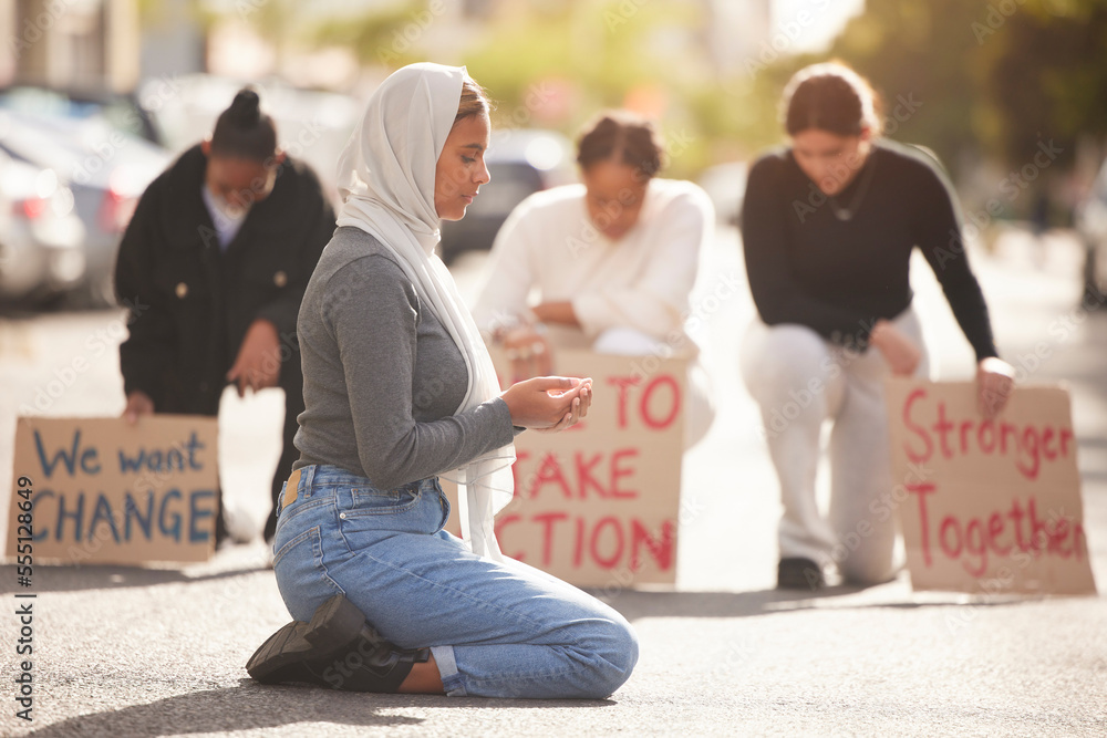 Protest, Islamic woman and pray in street, group and support for ...