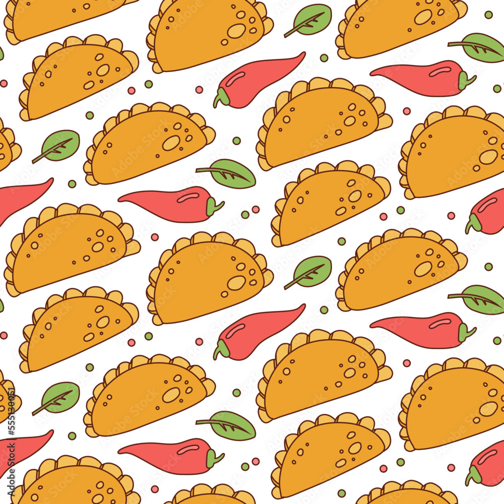 Seamless pattern with Mexican Empanadas with chili peppers and leaves ...