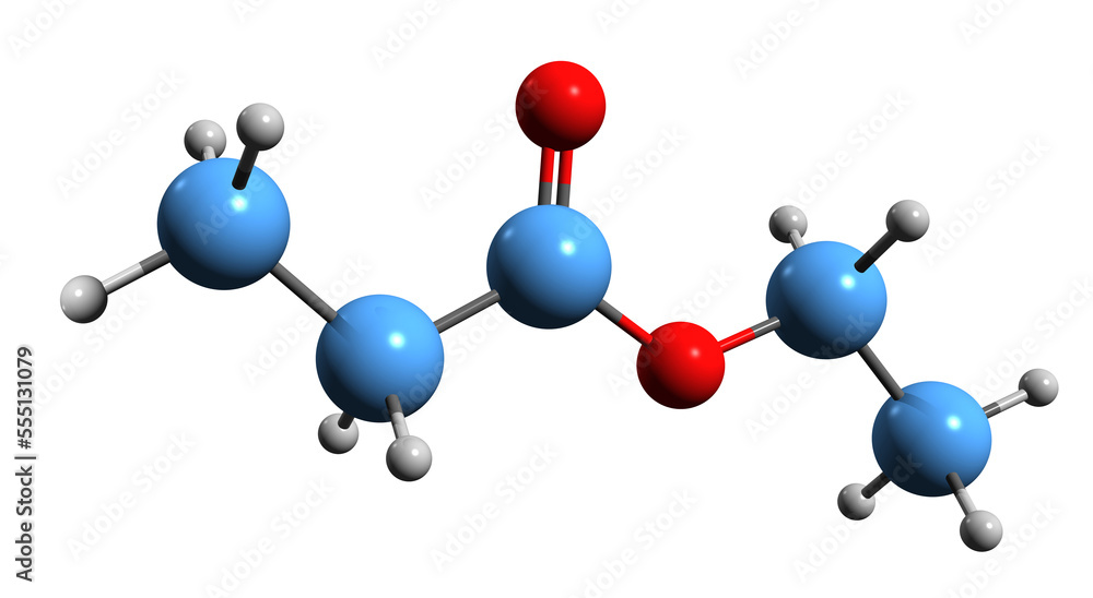 3D image of Ethyl propionate skeletal formula - molecular chemical ...