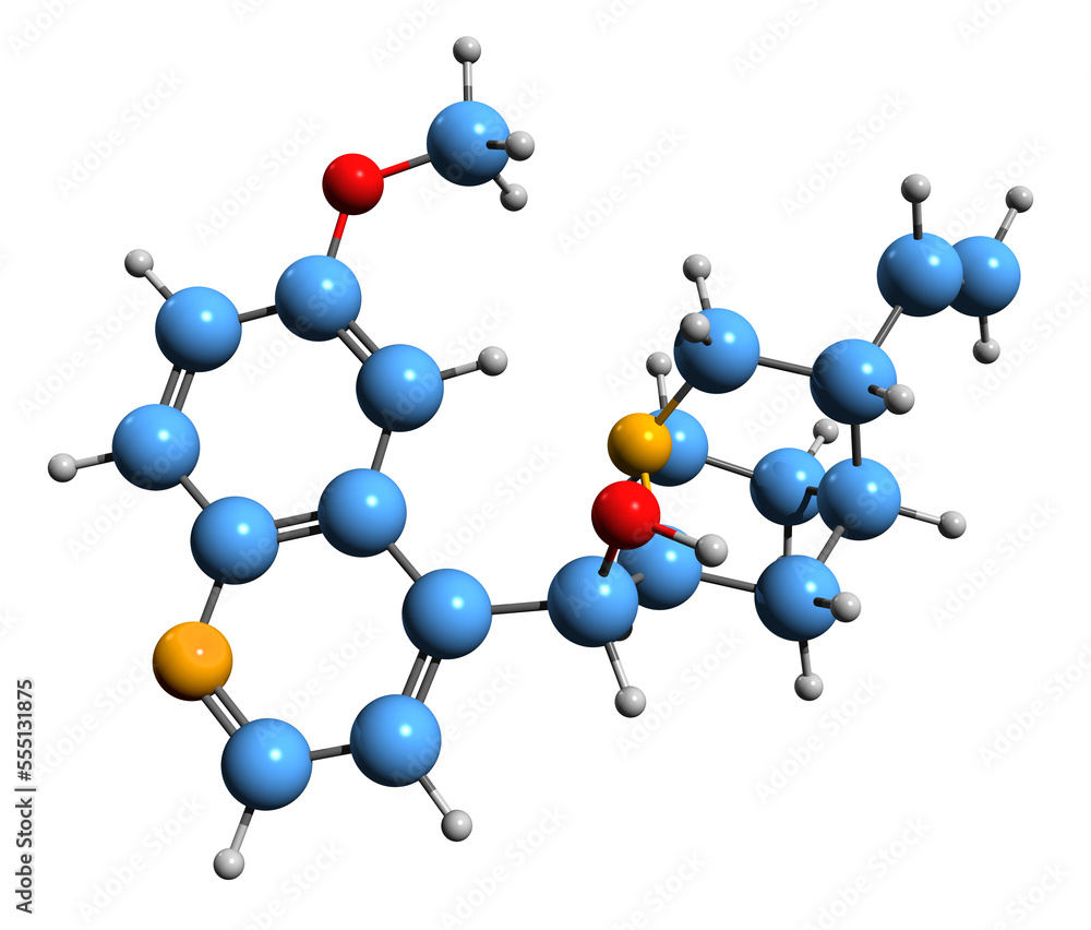 3D image of Quinine skeletal formula - molecular chemical structure of ...