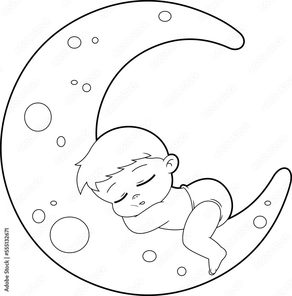 Outlined Cute Baby Boy Cartoon Character Sleeps On Moon. Vector Hand ...