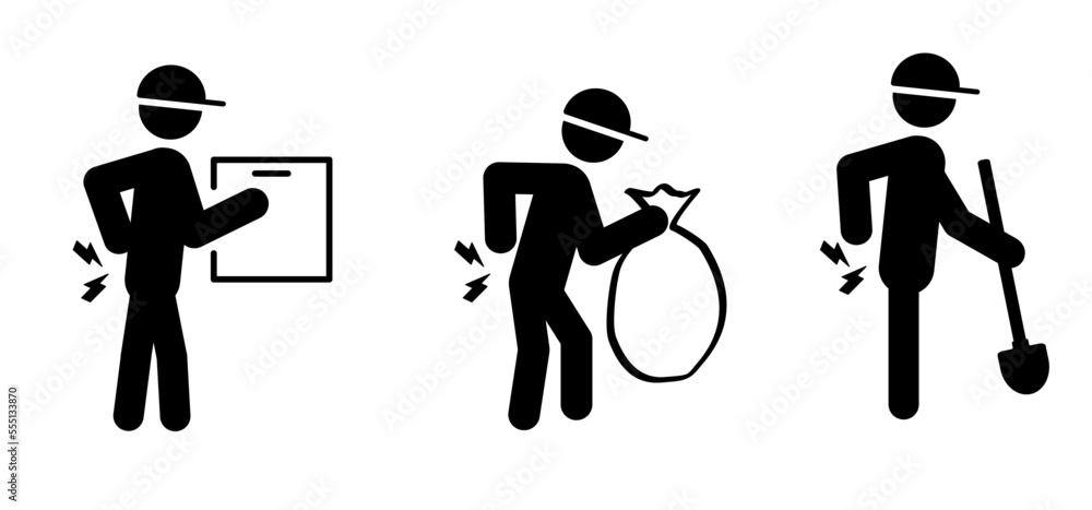 Heavy work. Medical complaints, body part pain. Cartoon stickman, stick ...