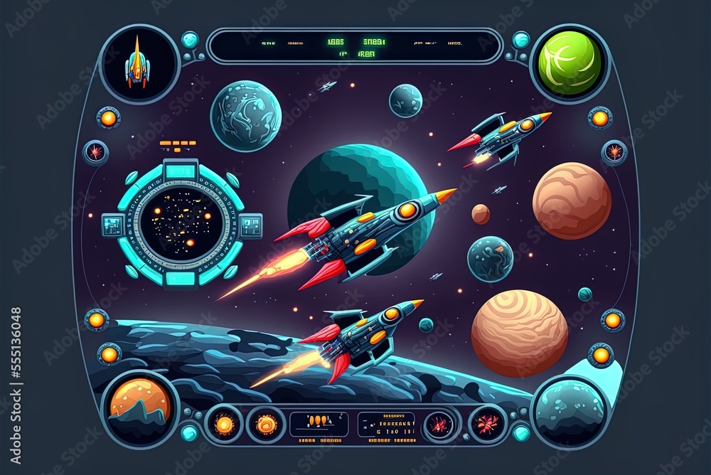 Spaceship stars galaxy and ufo scene from cartoon video game with ...