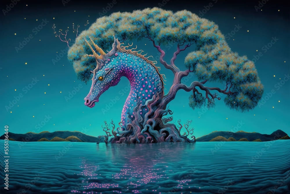 Mythical tree of life with its guardian horse protector forever bound ...