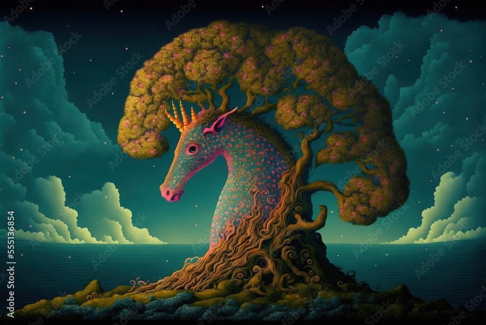 Mythical tree of life with its guardian horse protector forever bound ...