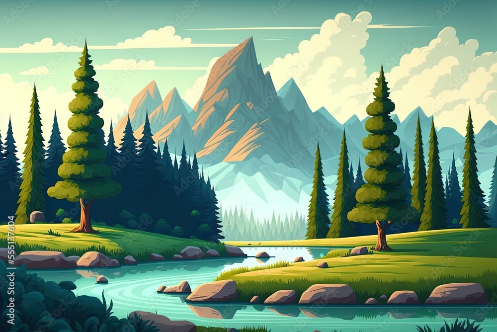 Stunning mountain scenery, 2D nature parallax backdrop. spruce trees, a ...