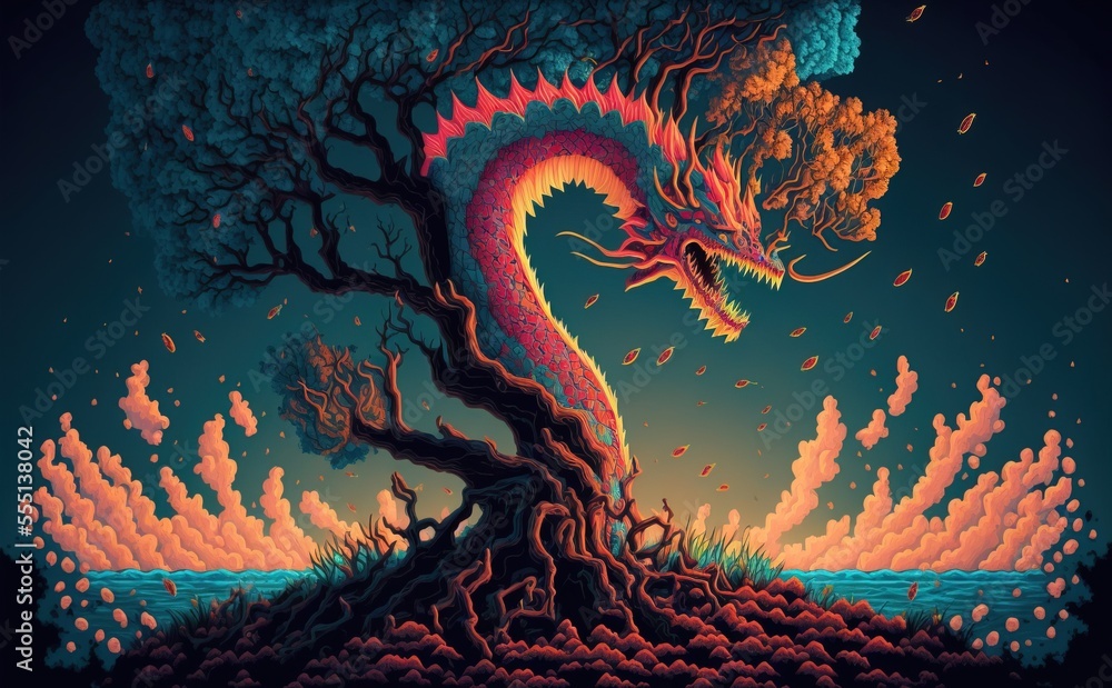 Mythical tree of life with its guardian dragon protector forever bound ...