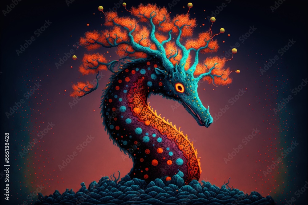 Mythical tree of life with its guardian horse protector forever bound ...