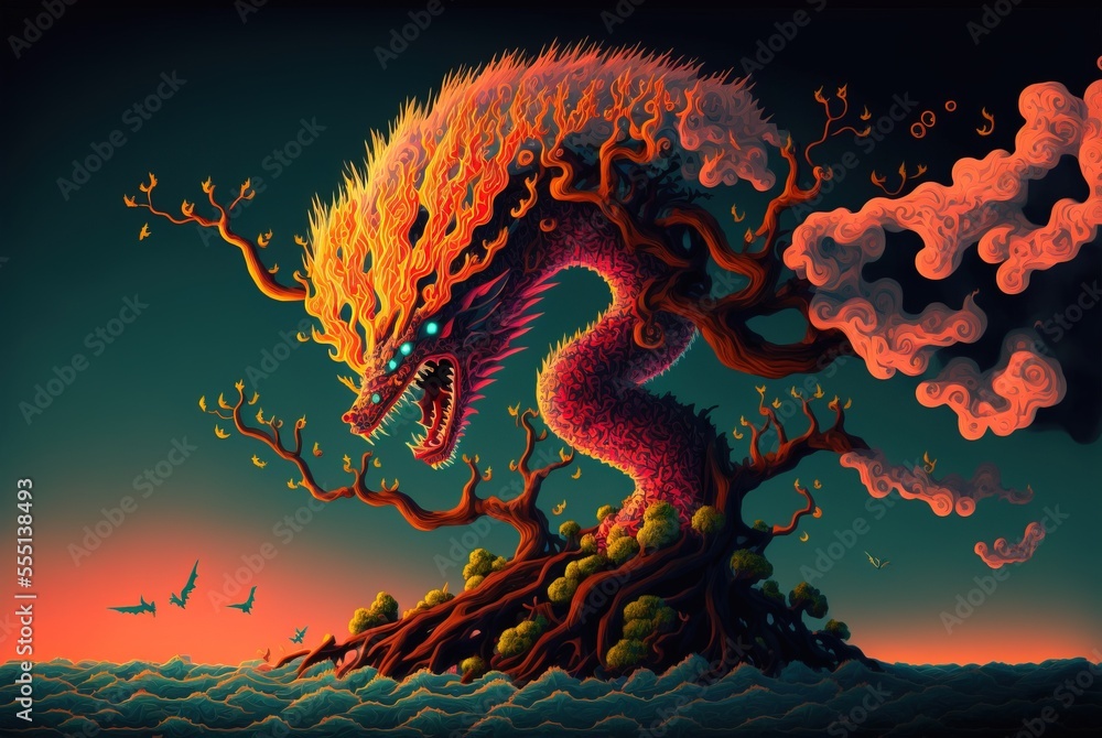 Mythical tree of life with its guardian dragon protector forever bound ...