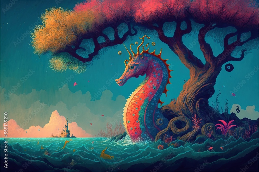 Mythical tree of life with its guardian horse protector forever bound ...