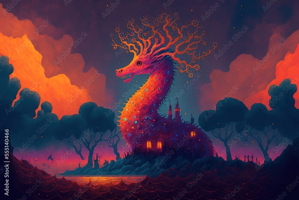 Mythical tree of life with its guardian horse protector forever bound ...