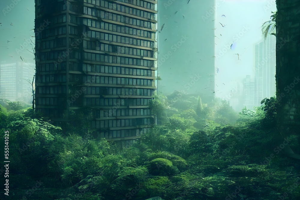 nature taking back abandoned skyscrapers. AI Generative Stock ...