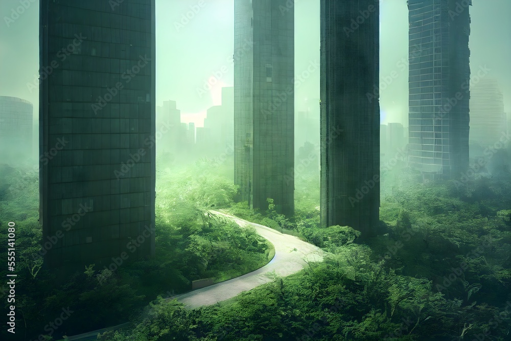 nature taking back abandoned skyscrapers. AI Generative Stock ...