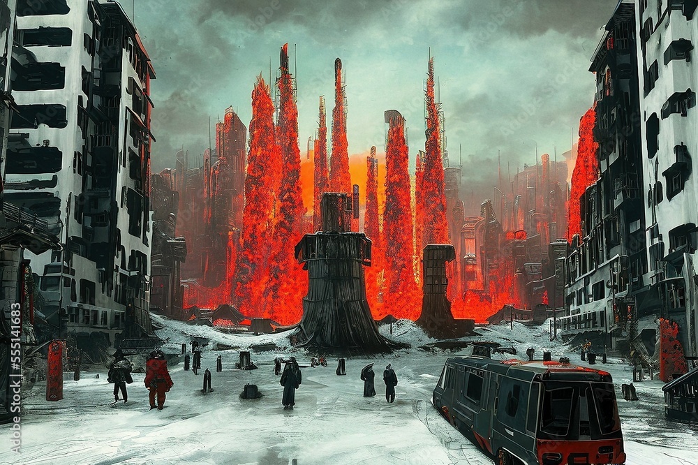 ภาพประกอบสต็อก dystopian concept art of a futuristic city landscape in ...