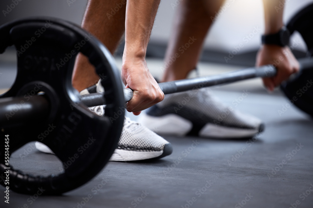 Barbell, fitness and strong hands of man in bodybuilder training for ...