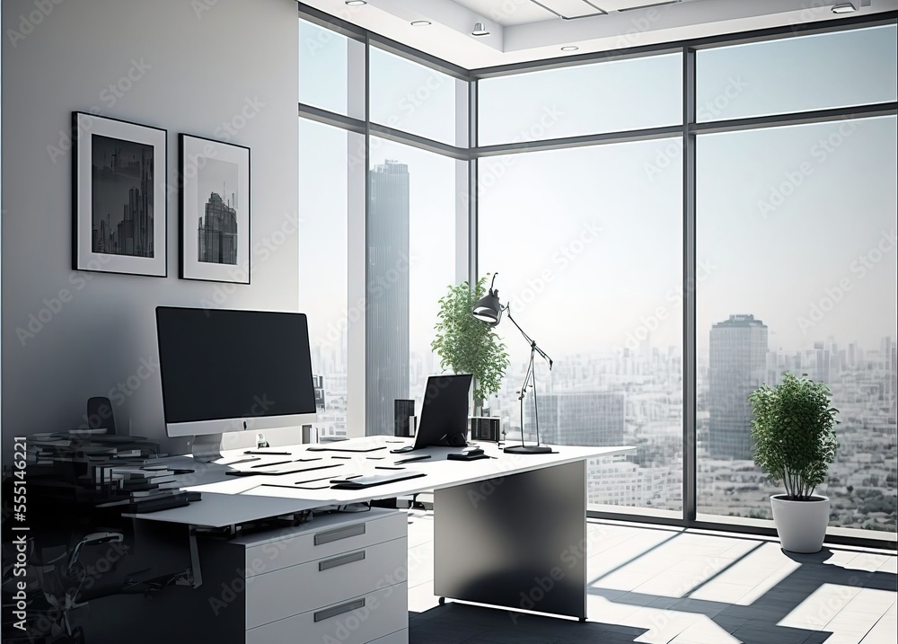 4K resolution or higher, Front view modern empty office with panoramic ...