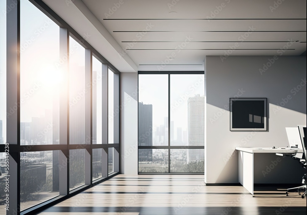 4K resolution or higher, Front view modern empty office with panoramic ...