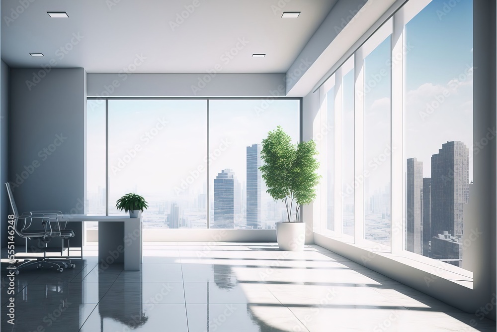 4K resolution or higher, Front view modern empty office with panoramic ...