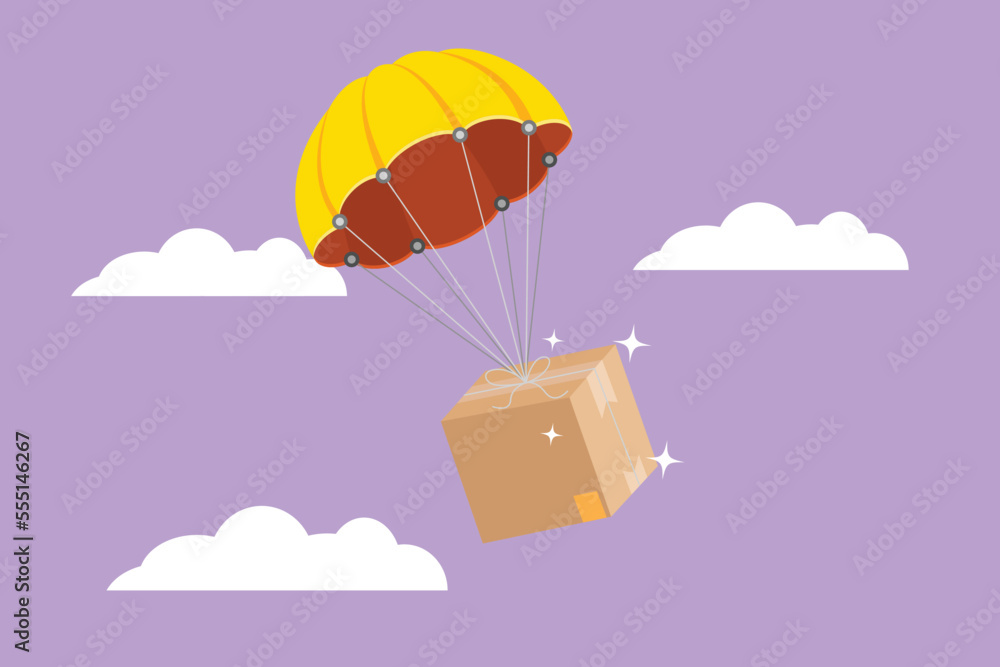 Character flat drawing box package fly through the sky using parachute ...