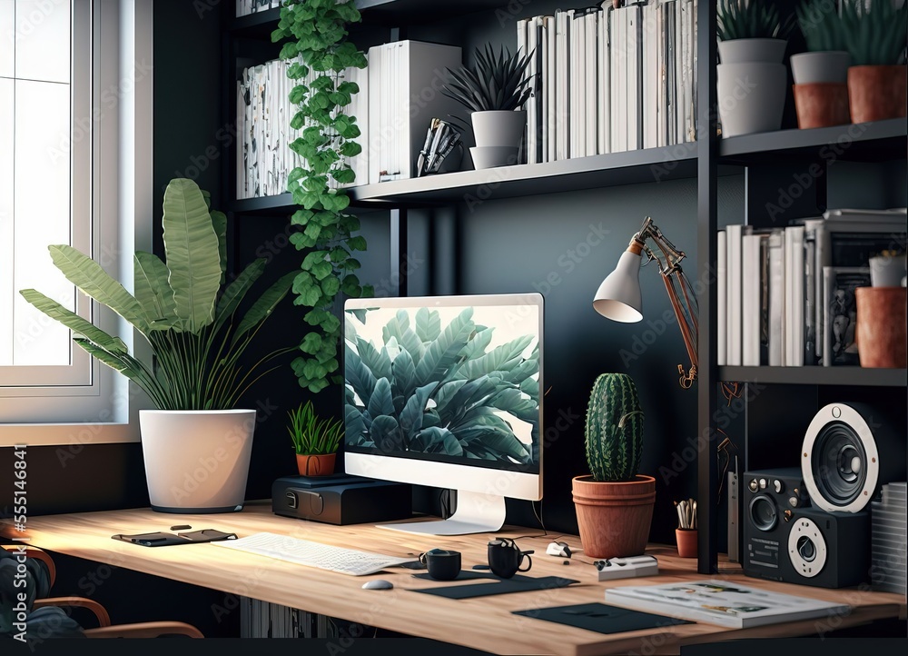 4K resolution or higher, Stylish workspace with desktop computer ...