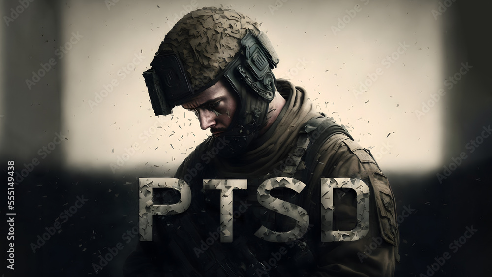 sad caucasian soldier with letters PTSD - post traumatic stress ...