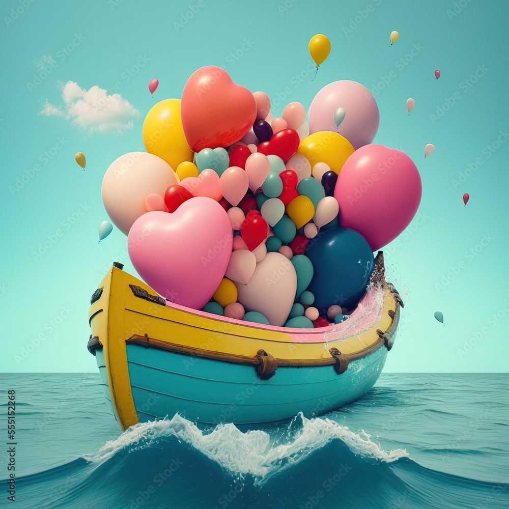 A small ship full of colorful helium balloons sailing the sea. Creative ...