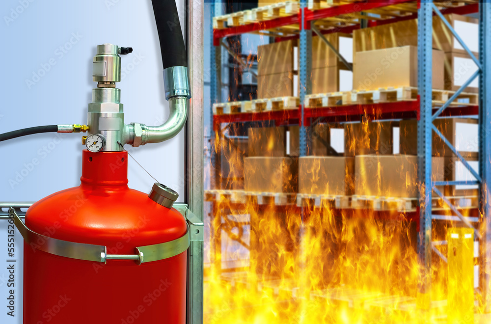 Fire-fighting equipment. Stationary fire extinguisher on wall of ...