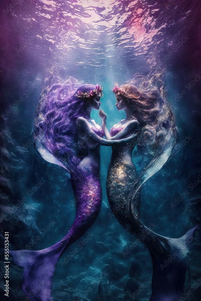 Underwater abstract illustration of beautiful, young mermaids loving ...