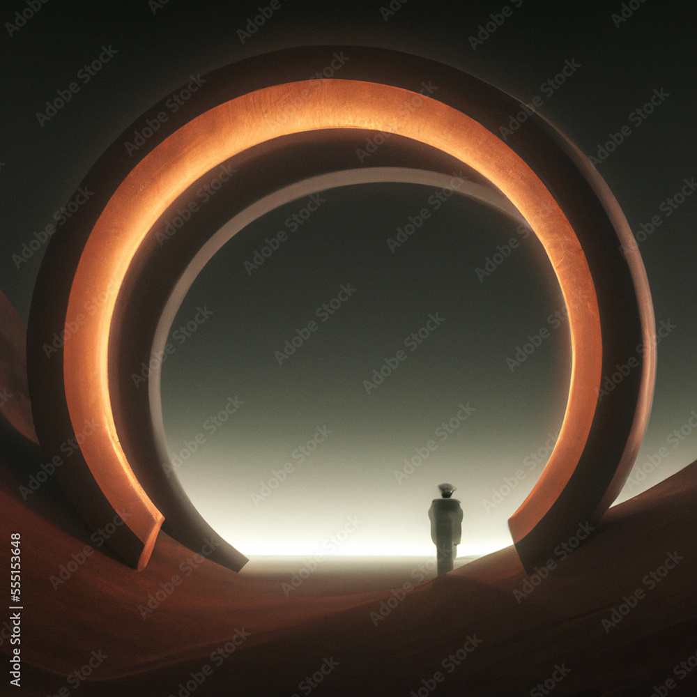 Round portal to a new land or dimension with a lonely abstract figure ...