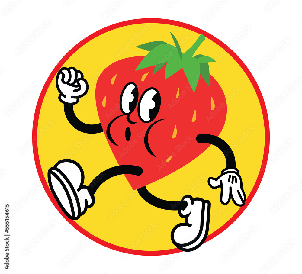 Vintage cartoon kawaii strawberry mascot, illustration, food logo ...