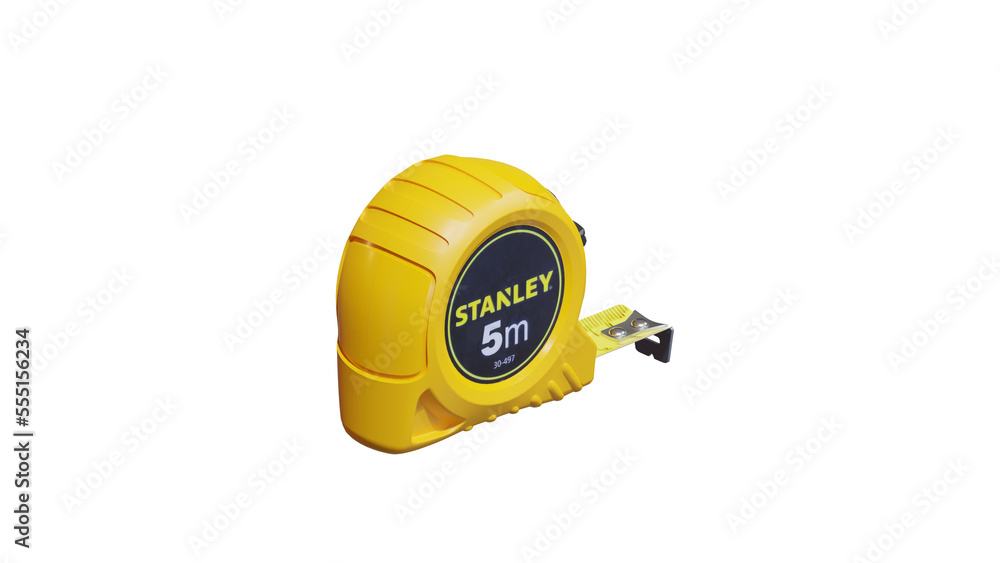 STANLEY tape 5 METERS measure isolated on white, 3D RENDERING OF YELLOW ...